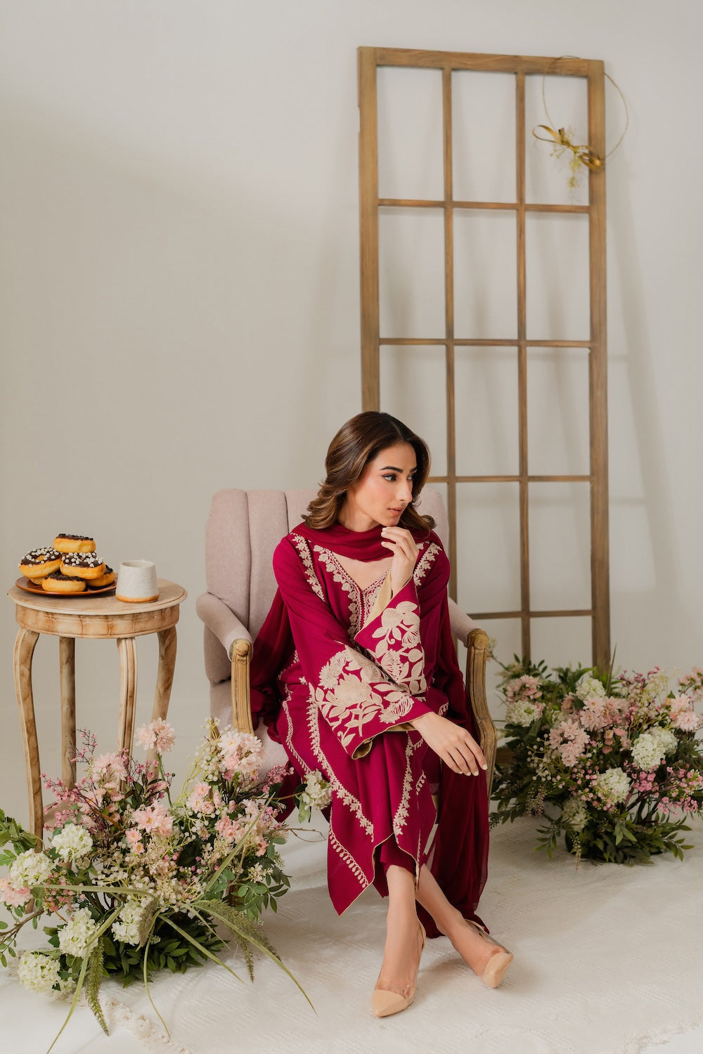 VINTAGE-3PC DHANAK EMBROIDERED SHIRT WITH DHANAK SHAWL AND TROUSER-BIC ...